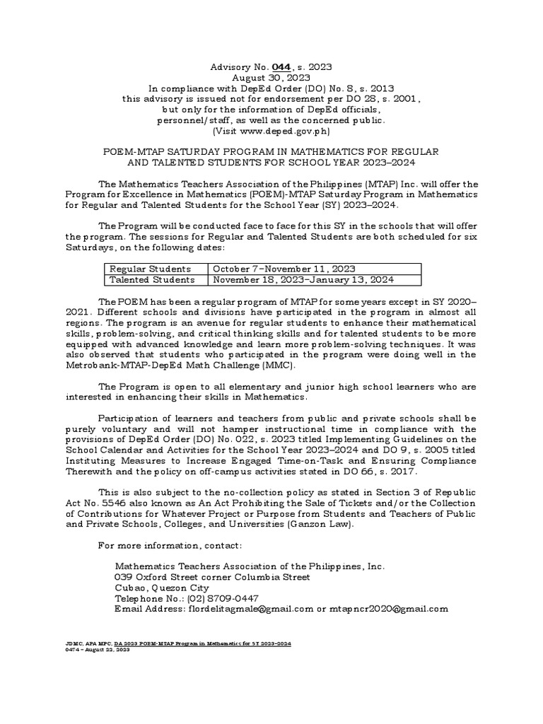 JDMC, APA MPC, DA 2023 POEM-MTAP Program in Mathematics For SY 2023 ...