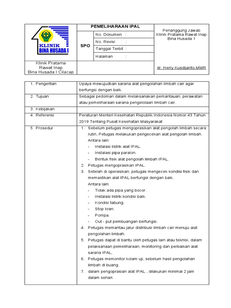 Spo Pemeliharaan Ipal | PDF