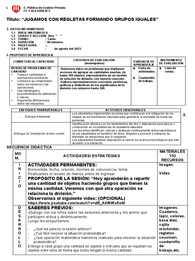 S-M Jugamos Con Regletas Formando Grupos Iguales | PDF | Evaluación | Aprendizaje