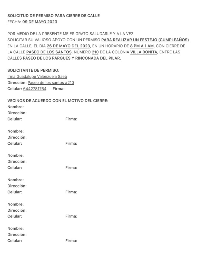 Solicitud de Permiso para Cierre de Calle | PDF