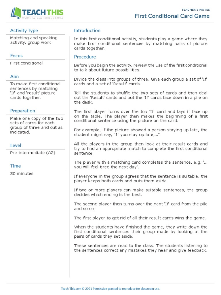 First Conditional Card Game | PDF