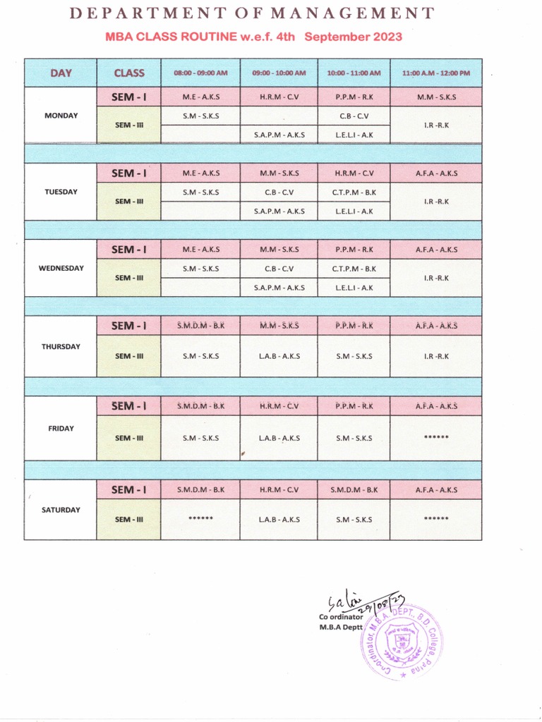 Mba 1st Sem Class Routine 23-25 | PDF