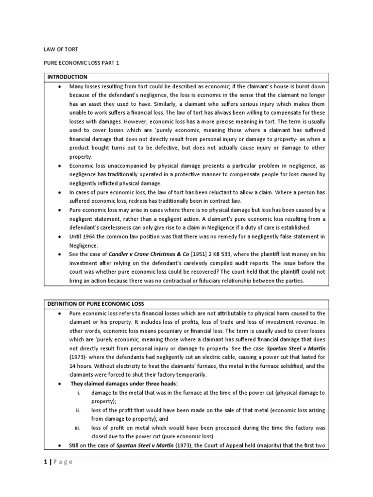 Pure Economic Loss P1 (EXAM NOTES) | PDF | Negligence | Tort