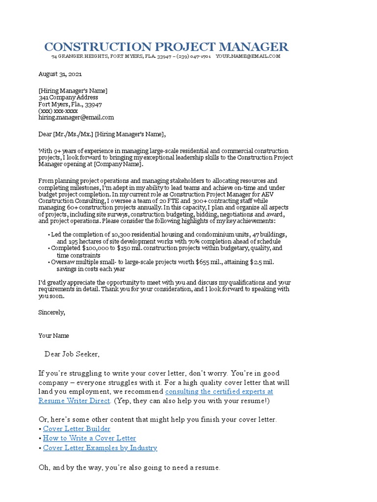 Construction Project Manager Cover Letter Sample Dublin Ocean | PDF