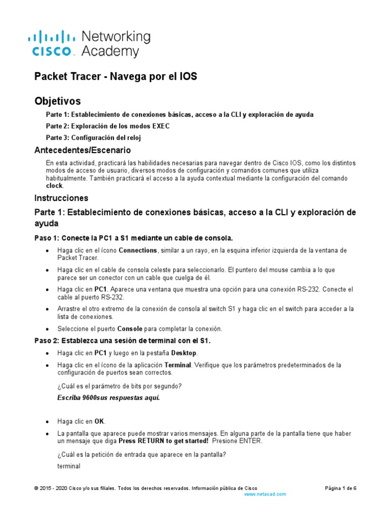 2.3.7 Packet Tracer - Navigate The IOS | PDF | Interfaz de línea de ...