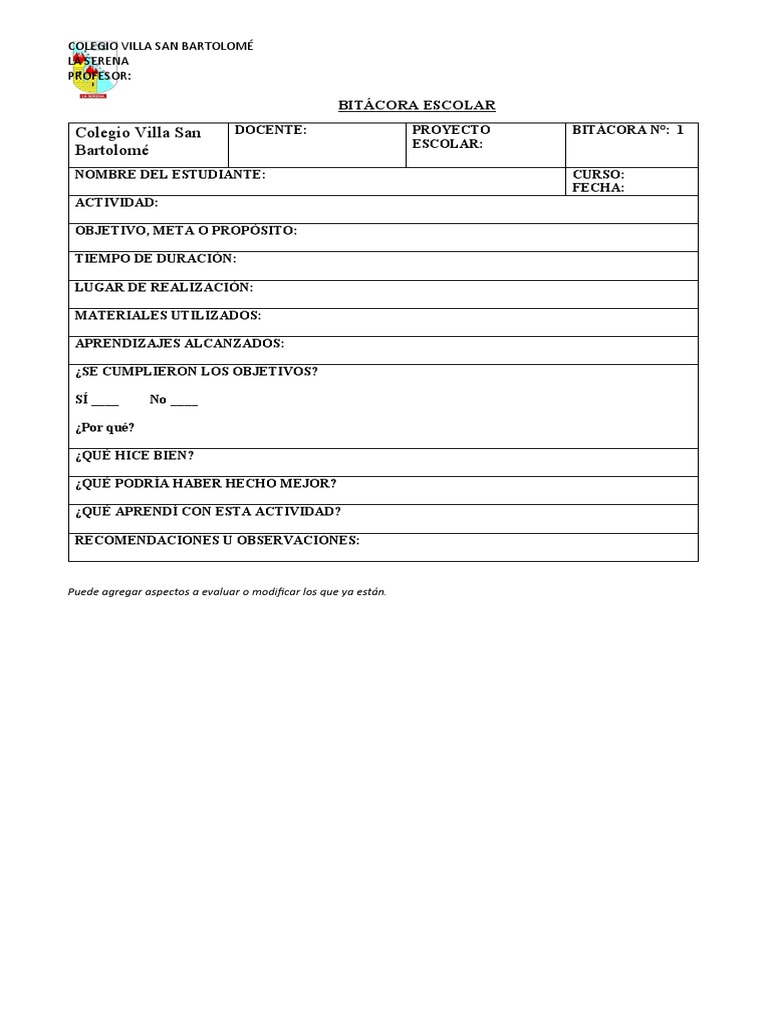 Formato bitácora escolar | PDF