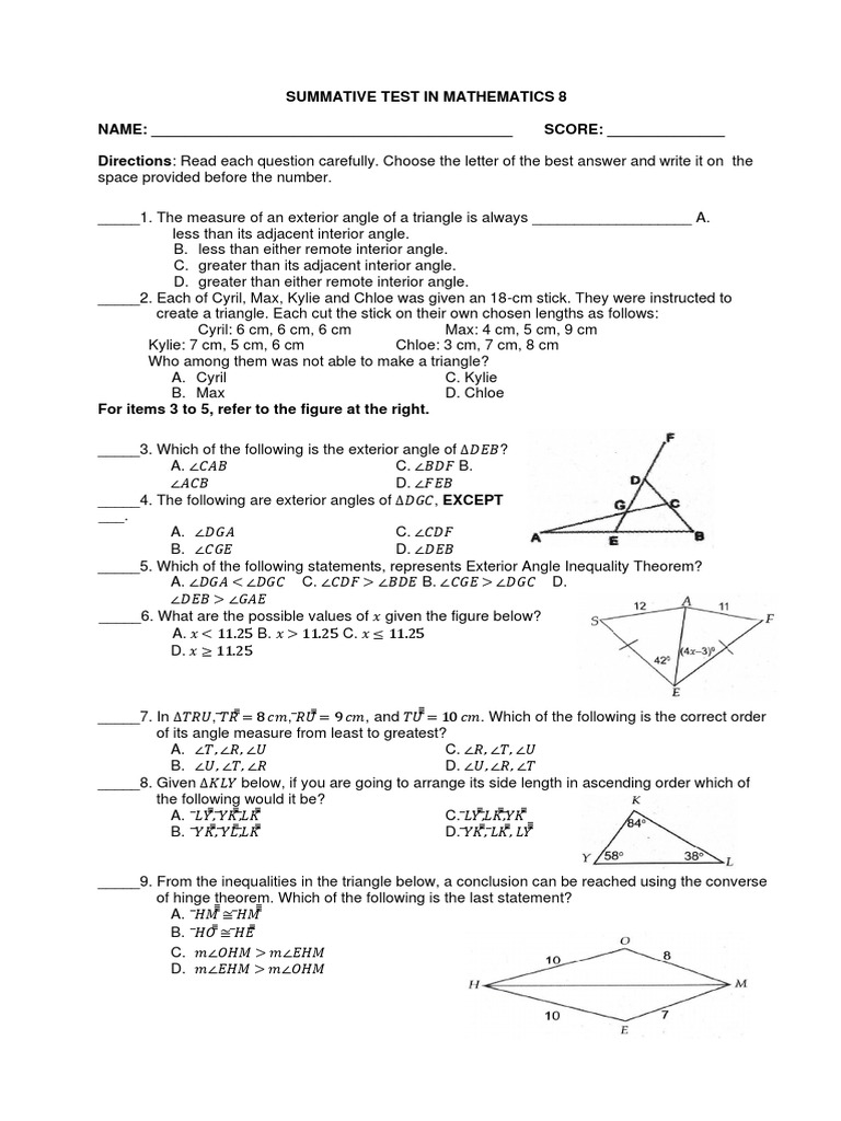 Summative Quarter 4 Math 8 | PDF | Triangle | Angle