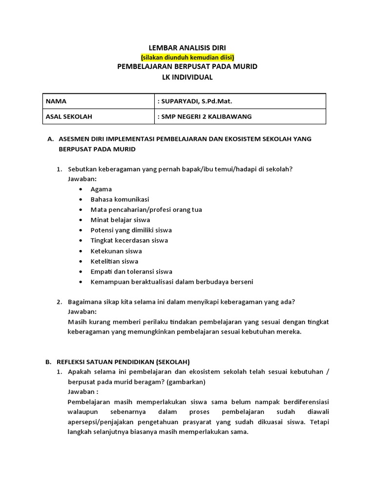Lembar Kerja 1. Mulai Dari Diri (Analisis Diri) (Suparyadi, SMP N 2 Kalibawang) | PDF | Karier ...