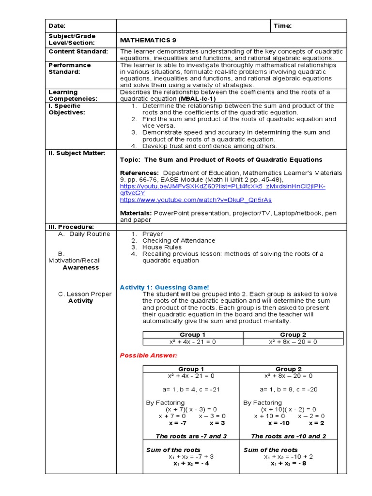 Math-9-LP - Q1 - W2B. Describes The Relationship Between The ...