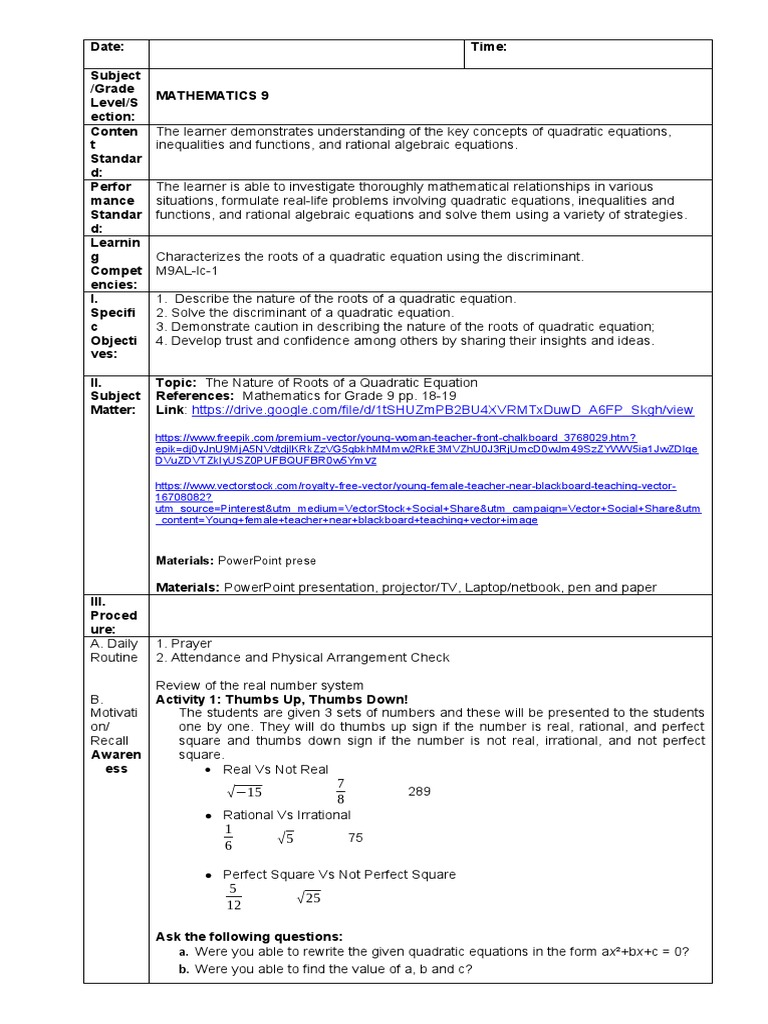 Math-9-LP - Q1 - W2 Characterizes The Roots of A Quadratic Equation ...