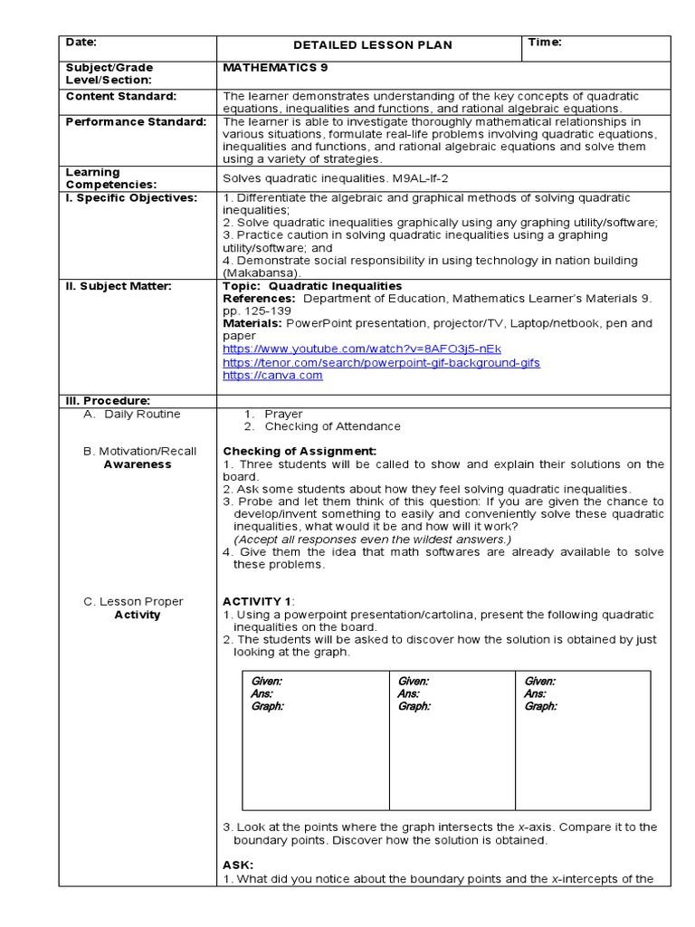Quadratic Inequalities Lesson Plan | PDF | Quadratic Equation | Equations