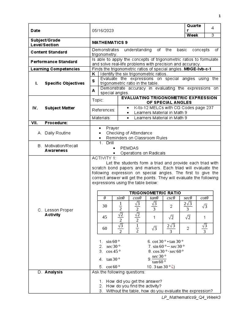 Math 9 - Evaluating Operations On Trigonometric Expression of Special Angles | PDF ...