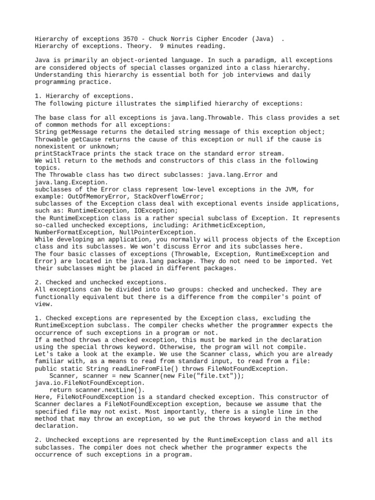 Hierarchy of Exceptions 3570 - Chuck Norris Cipher Encoder (Java) | PDF Hierarchy of Exceptions 3570 - Chuck Norris Cipher Encoder (Java) | PDF
