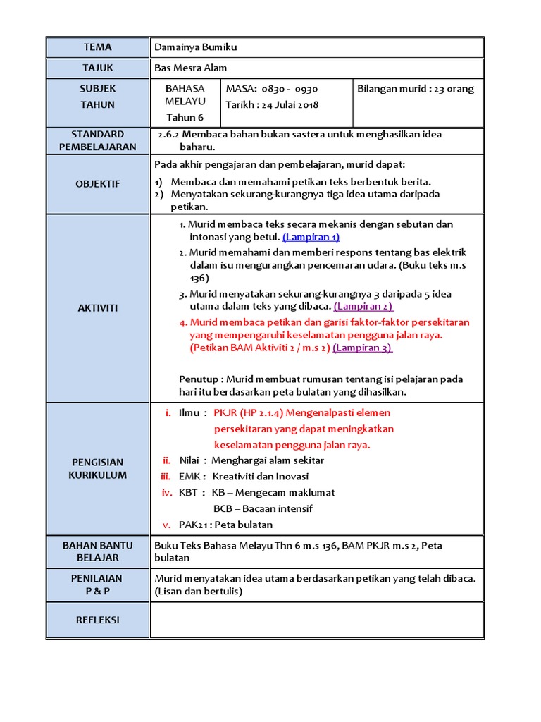RPH Tahun 6 PKJR | PDF