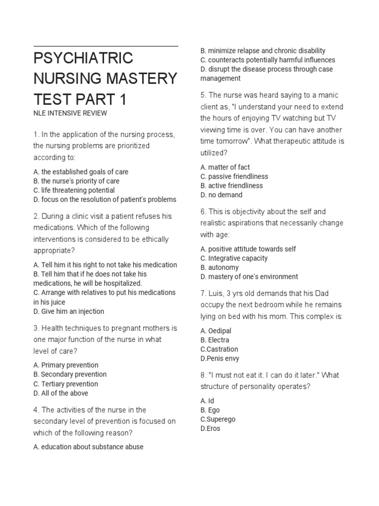 Psychiatric Nursing Mastery Test Part 1 | PDF | Mental Disorder ...
