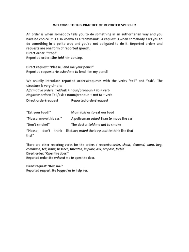 Practice of Reported Speech | PDF | Language Mechanics | Linguistic Typology