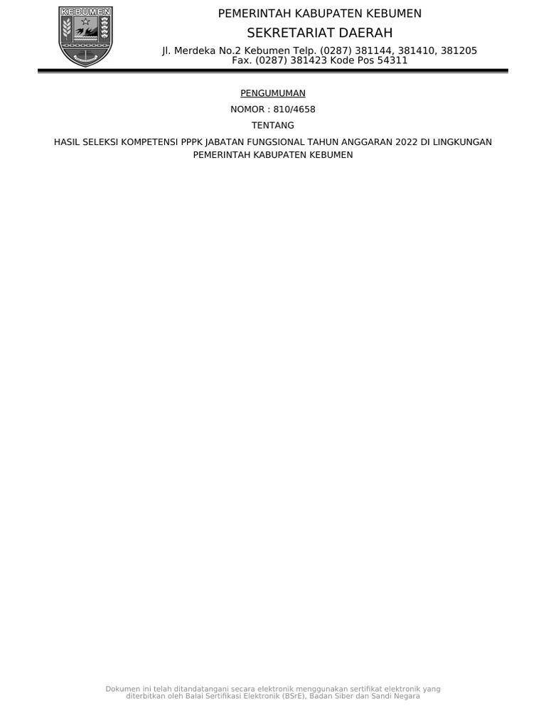 Sekretariat Daerah: Jl. Merdeka No.2 Kebumen Telp. (0287) 381144, 381410, 381205 Fax. (0287 ...