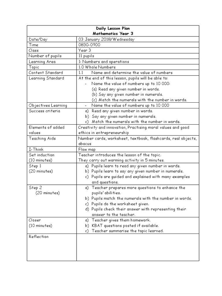 Year 3 Math Lesson Plan: Whole Numbers | PDF