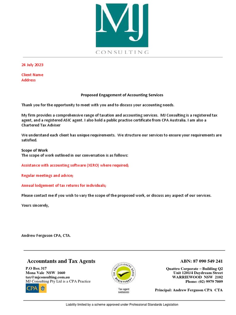 MJ Consulting Engagement Letter Template | PDF | Regulatory Compliance ...
