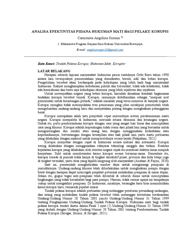 Analisa Efektivitas Pidana Hukuman Mati Bagi Pelaku Korupsi | PDF