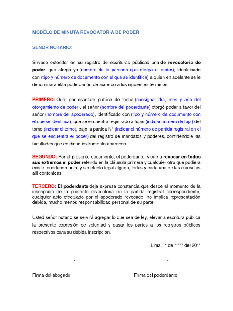 Modelo de Minuta Revocatoria de Poder | PDF | Derecho