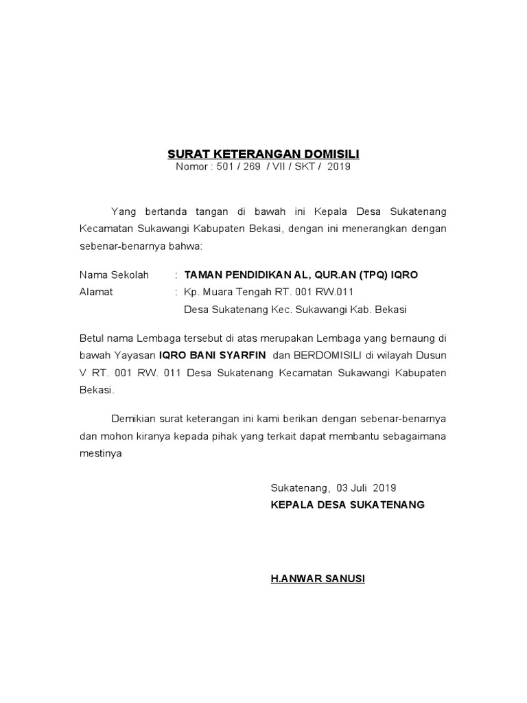 Contoh Surat Keterangan Domisili Sekolah | PDF