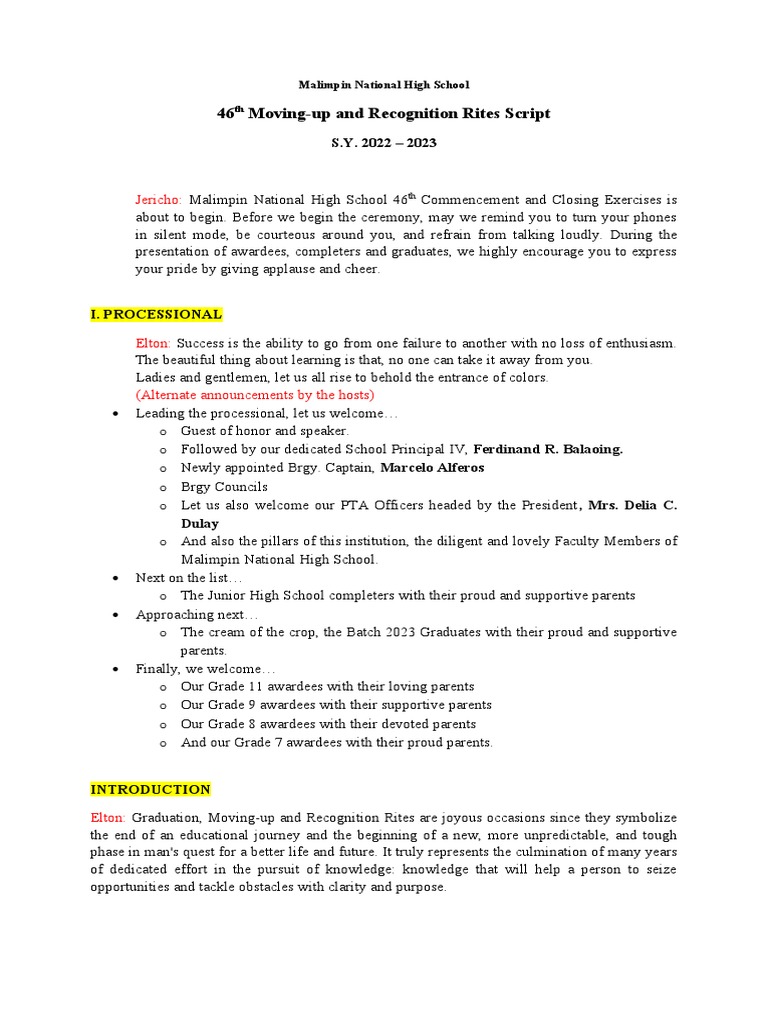 12th Moving Up and Recognition Rites Script | PDF