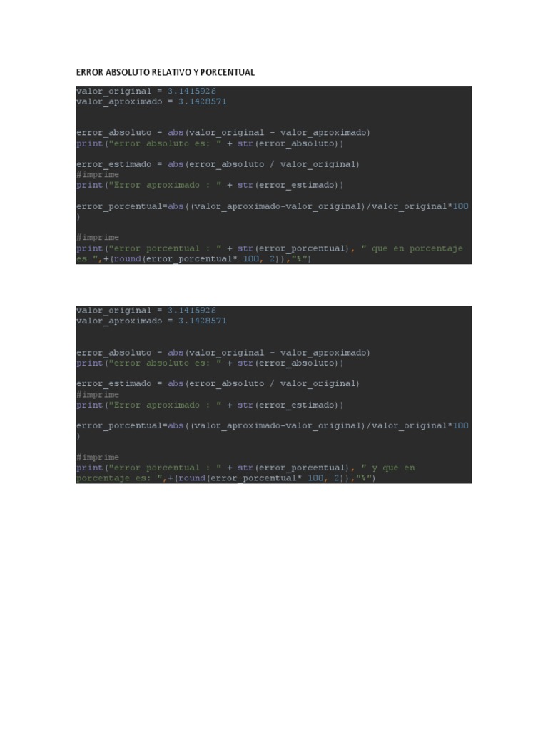 ERROR ABSOLUTO RELATIVO Y PORCENTUAL Python | PDF | Métodos y ...
