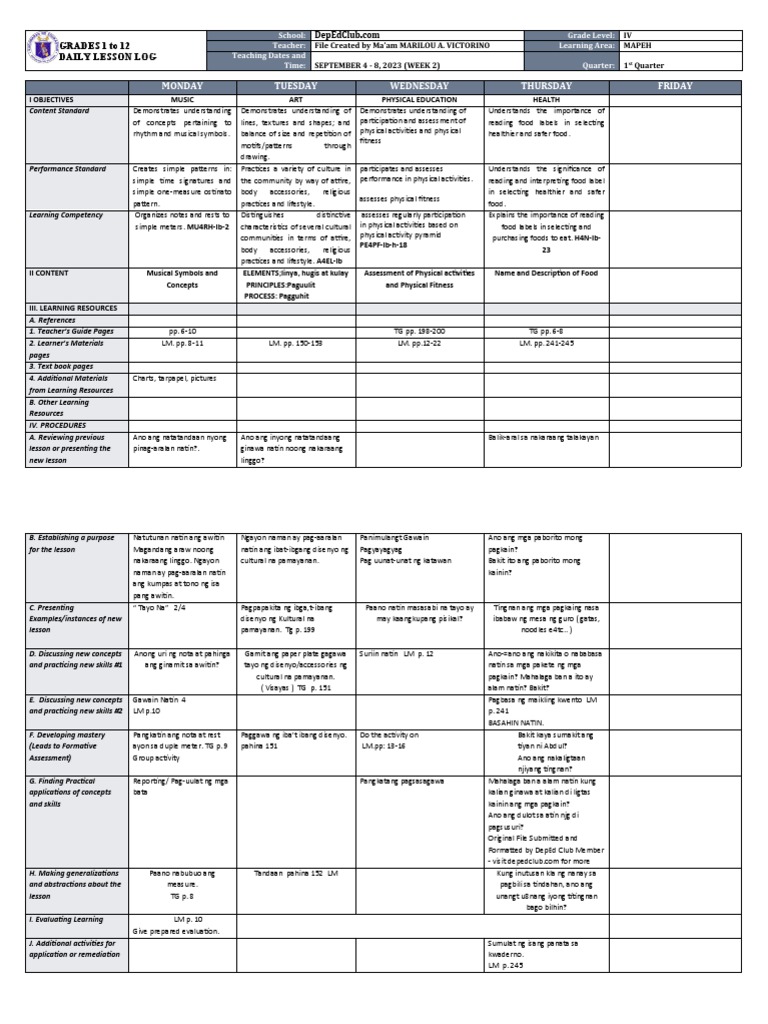 DLL - Mapeh 4 - Q1 - W2 | Download Free PDF | Cognition | Cognitive Science