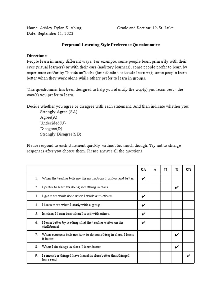 ABIOG, Perceptual learning Style Preference | PDF | Learning Styles ...