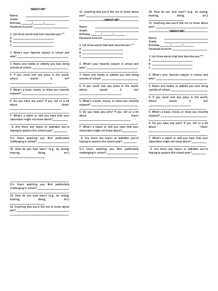 About Me Form | PDF