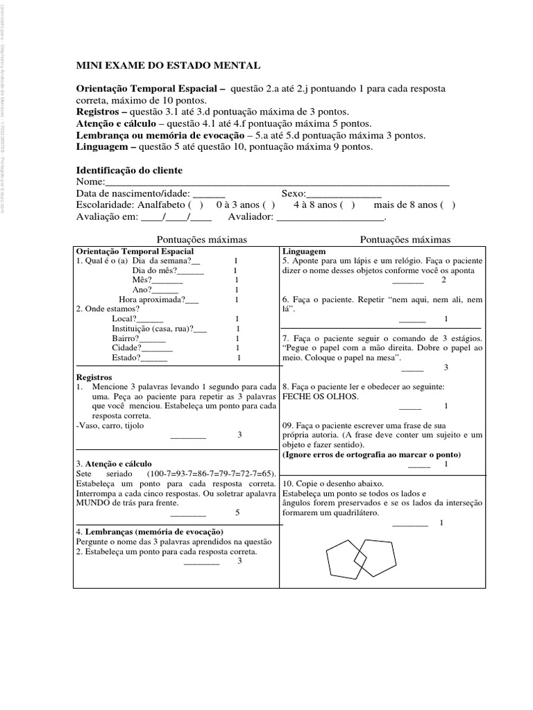Meem Mini Mental Folha de Teste | PDF
