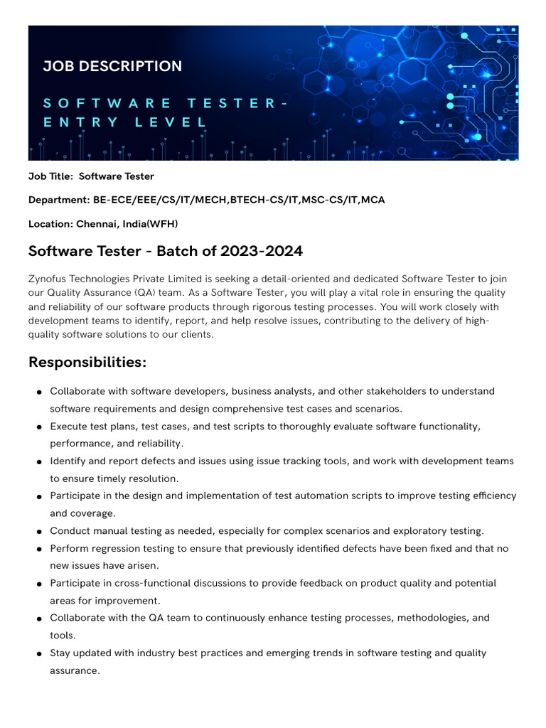 Software Tester - Job Description | PDF | Software Testing | Software