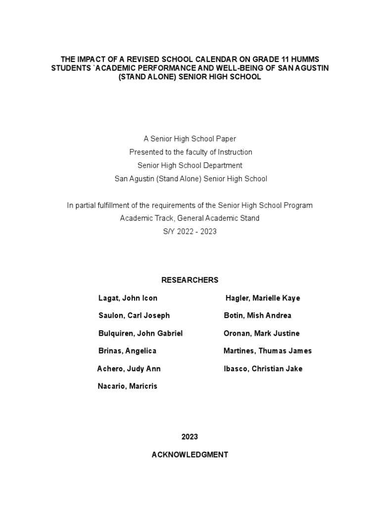 Revised School Calendar Impact on Grade 11 HUMMS | PDF | Methodology ...
