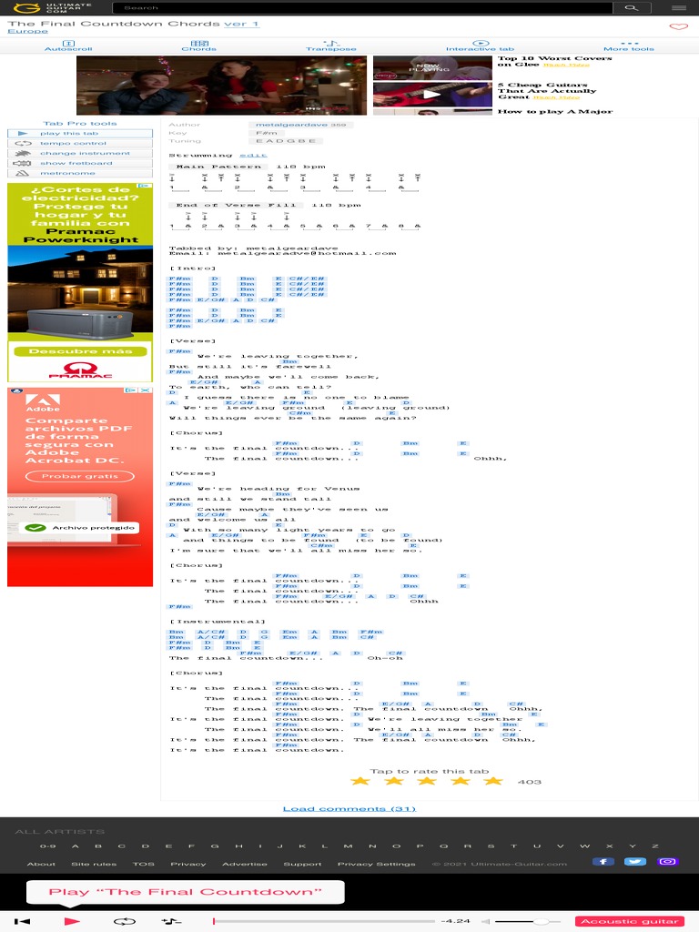 The Final Countdown Chords by Europe @ Ultimate-guitar.com | PDF ...