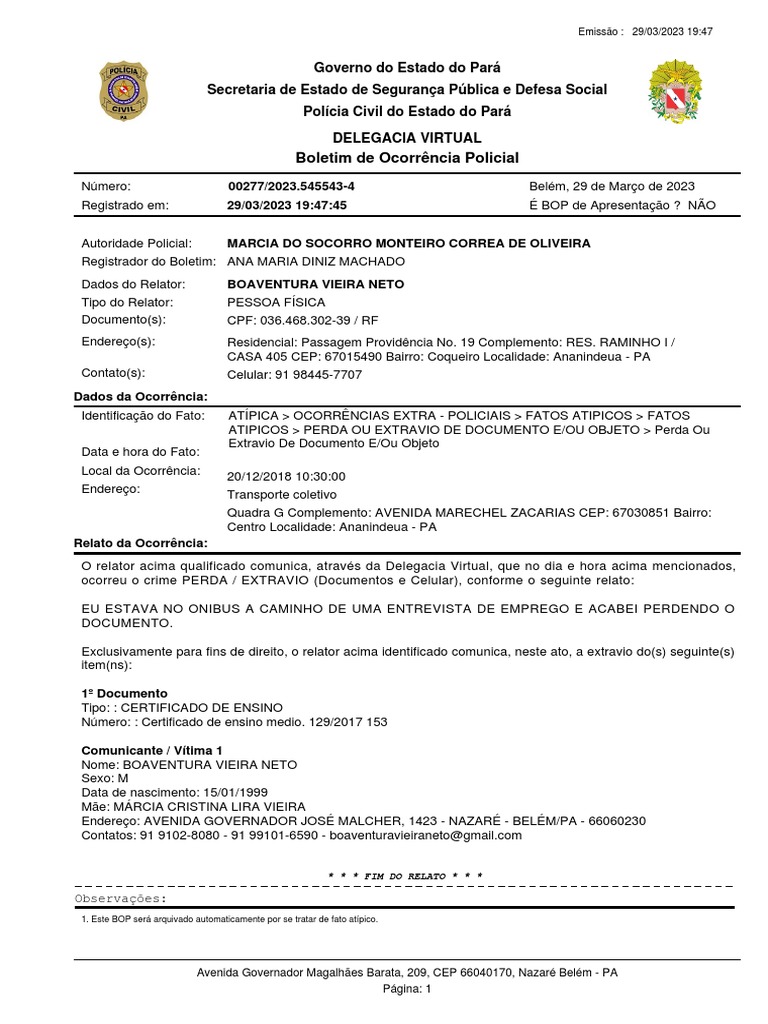 Boletim de Ocorrência | PDF | Polícia