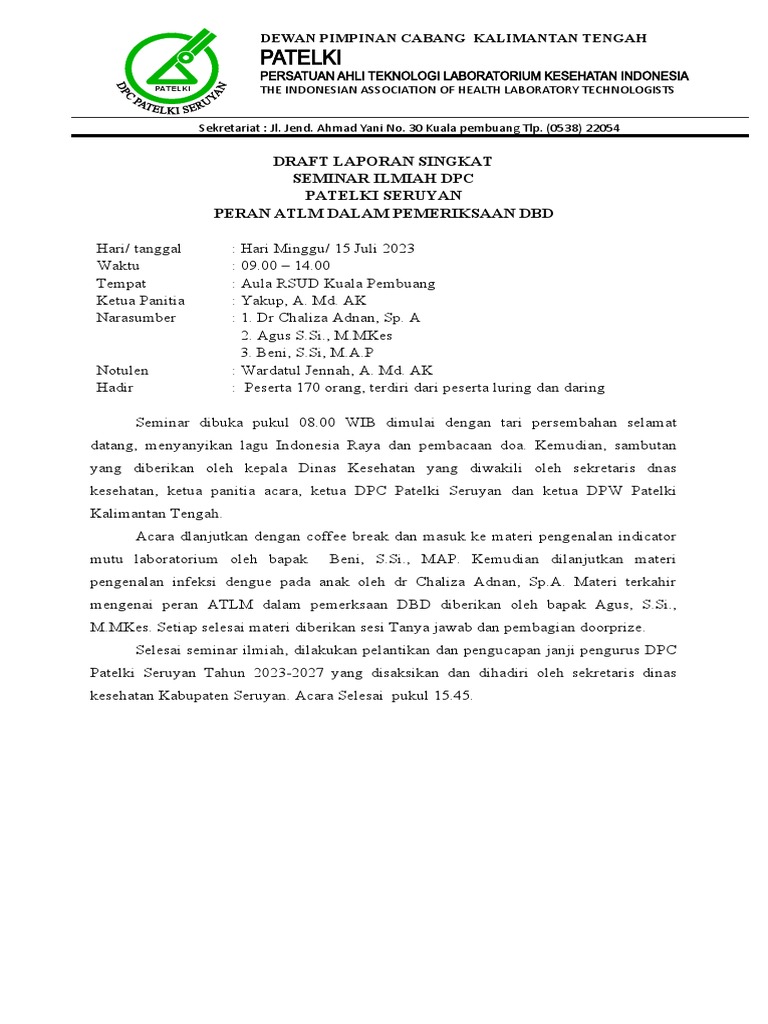 Draft Laporan Singkat Seminar Ilmiah DPC Patelki Seruyan | PDF