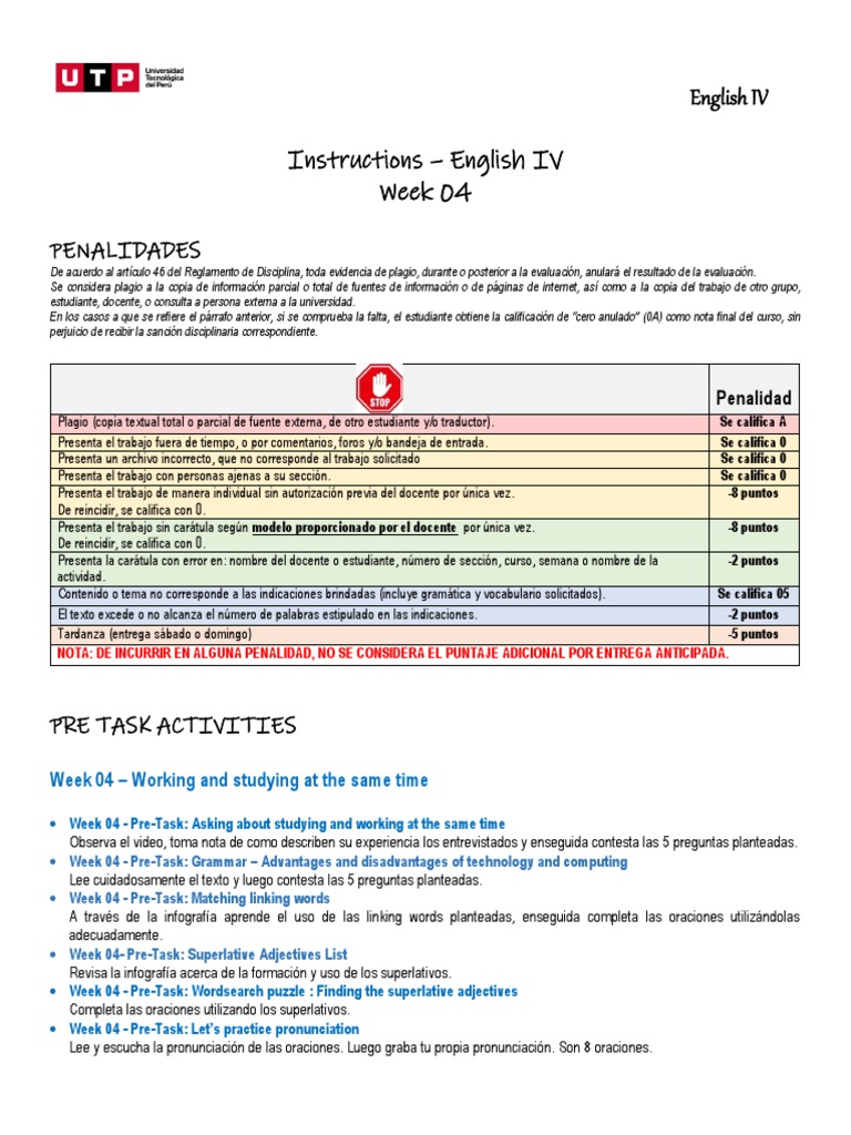 Week 04 - Indicaciones en Español para El Alumno - Inglés 4 | PDF