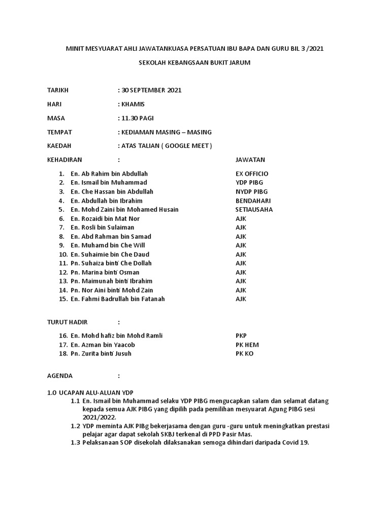 Minit Mesyuarat Ahli Jawatankuasa Persatuan Ibu Bapa Dan Guru Bil 3 | PDF