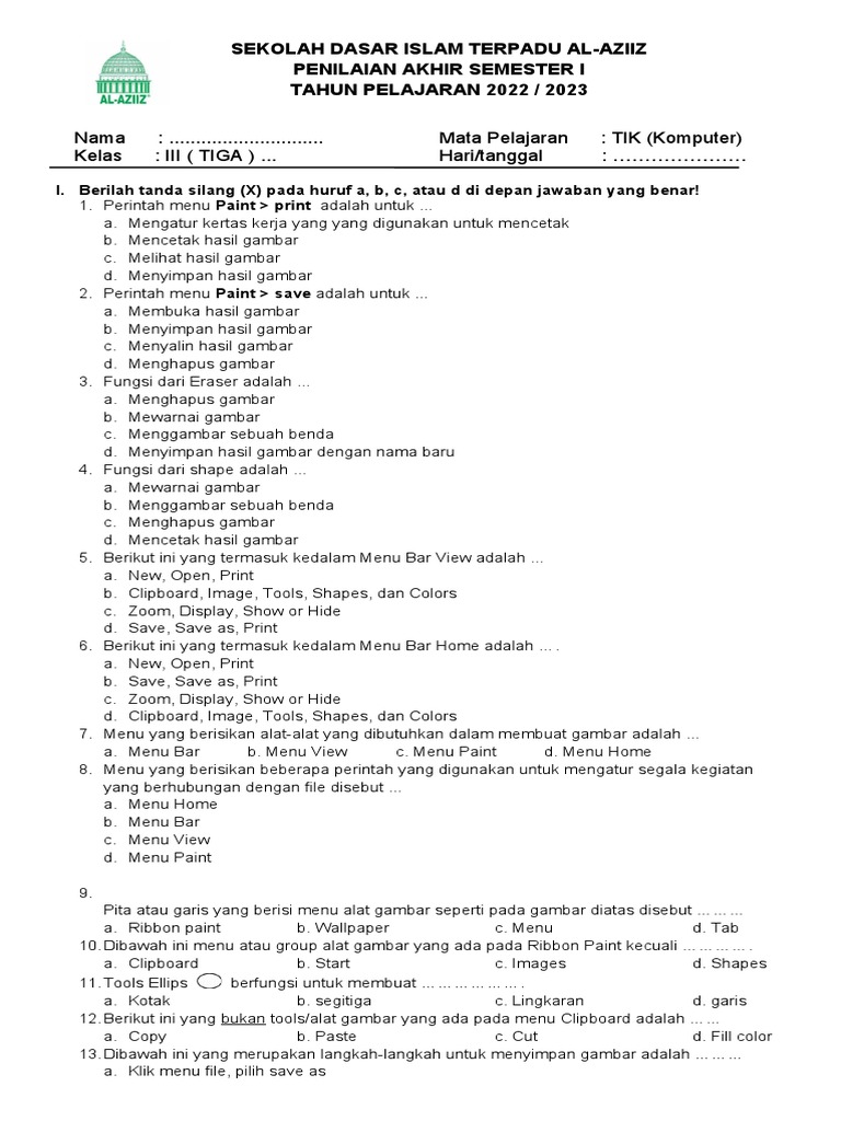 Soal Pas 1 Tik KLS 3 Bu Dian | PDF