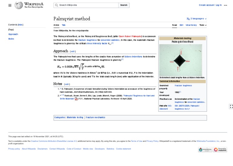Palmqvist Method - Wikipedia | PDF | Fracture Mechanics | Wikipedia