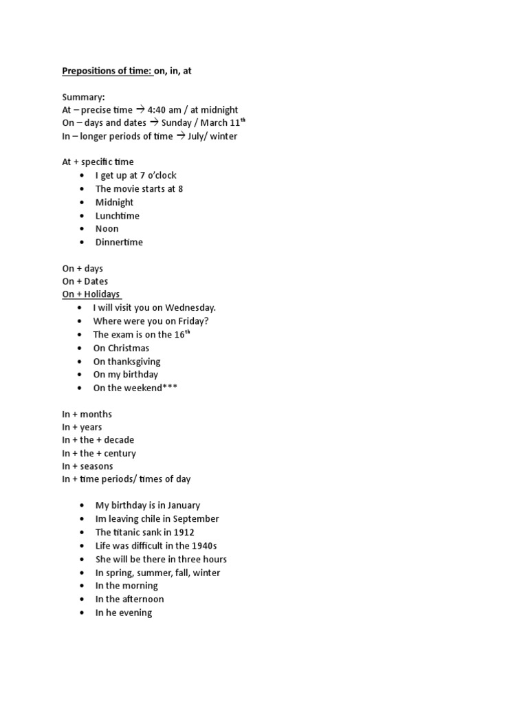 Prepositions of Time and Place Explained | PDF
