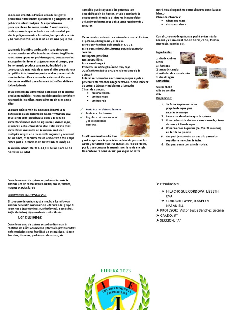 Triptico Del Experimento de Quinoa de La Feria de Ciencia EUREKA 2023 | PDF | Quinua | Cereales