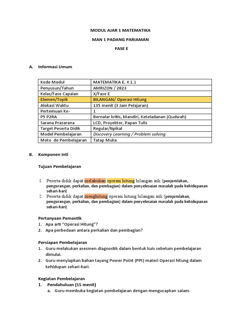 Modul Ajar Matematika Kelas X: Operasi Hitung | PDF