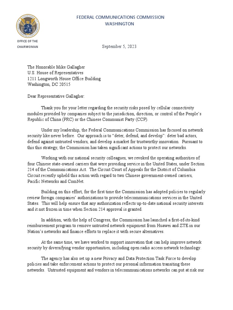 FCC Letter To Gallagher and Select Committee | PDF | Federal ...