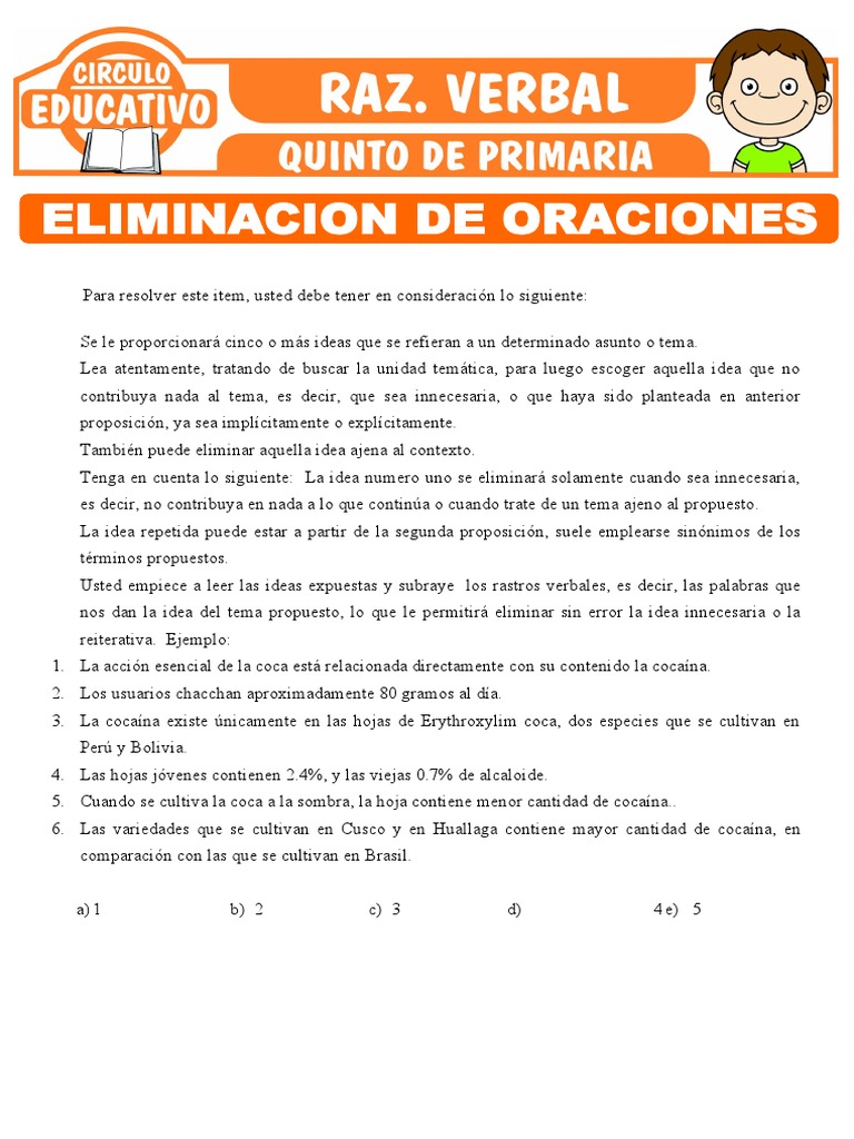 Ejercicios de Oraciones Eliminadas para Quinto de Primaria | PDF | Cocaína | Vanguardia