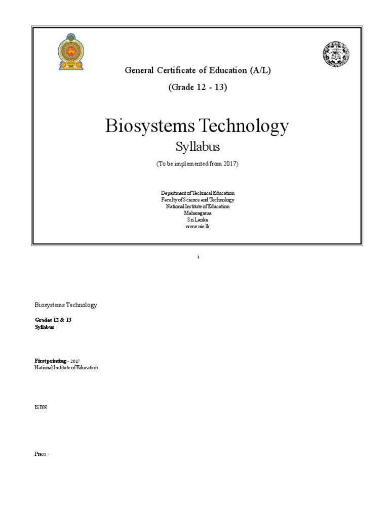 Grade 12 Bio Systems Technology Syllabus 619f326177b99 | PDF ...