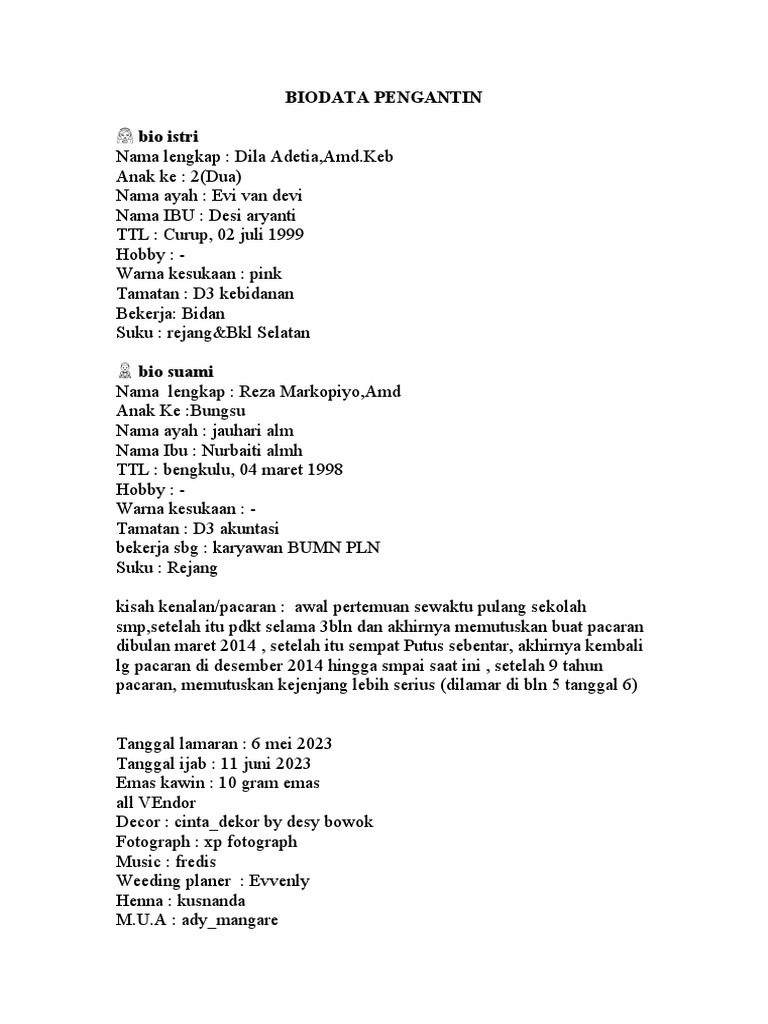 Biodata Pengantin Dila&Reza | PDF