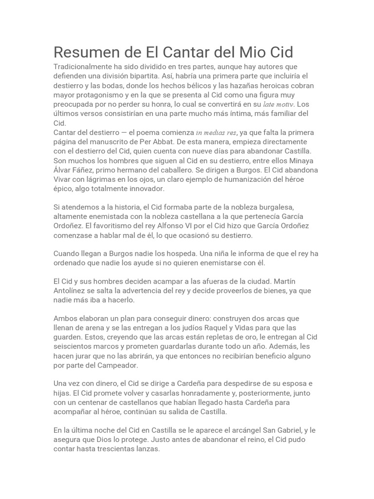 Resumen de El Cantar del Mio Cid | PDF