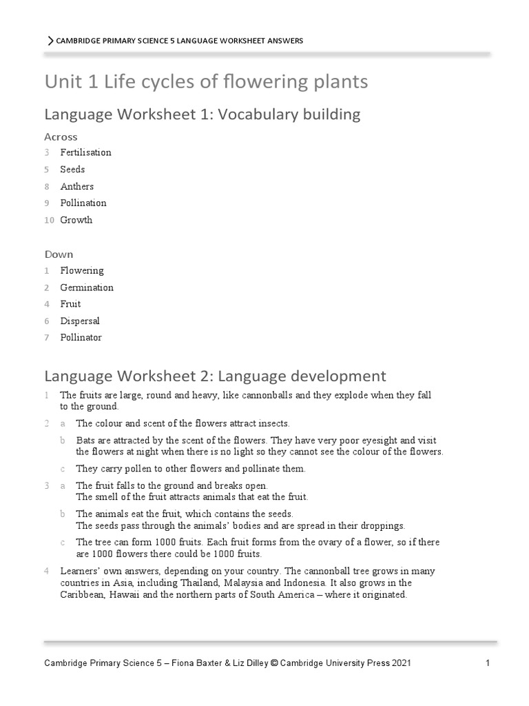 P Science 5 Language Worksheet Answers | PDF | Flowers | Pollination